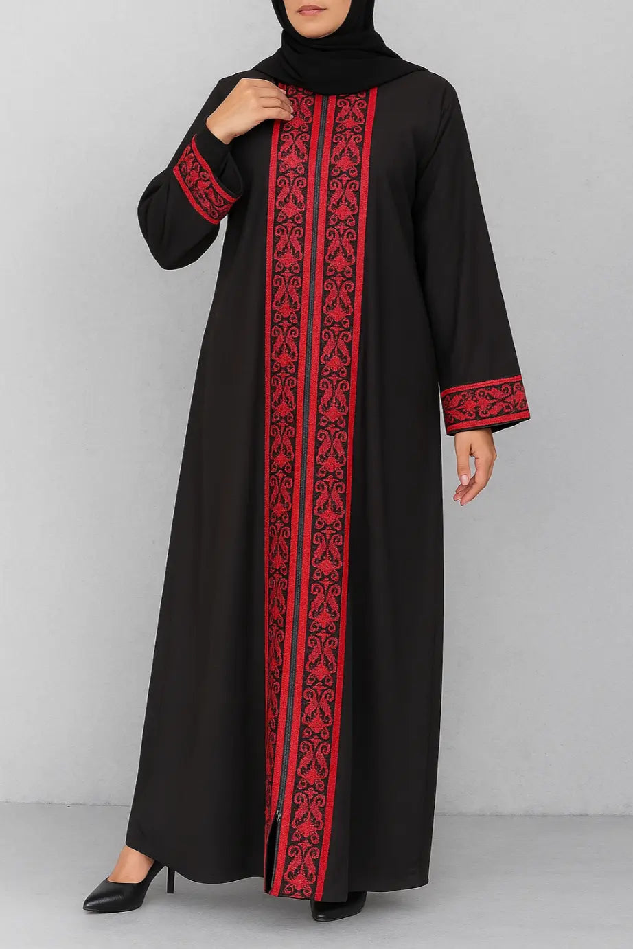 Shams Palestinian Abaya | Black Chiffon with Red Embroidery – Dinar